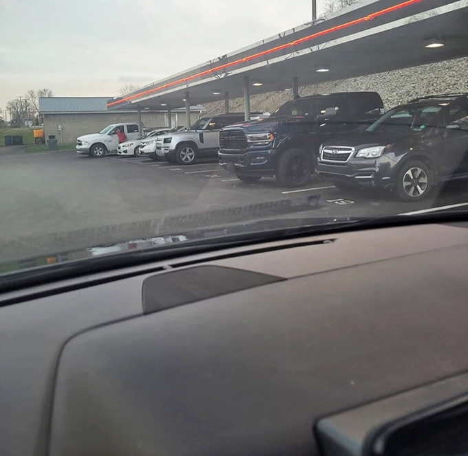 The view from your driver's seat at Jerry's—a lineup of vehicles whose owners all made the same brilliant culinary decision on this particular Pennsylvania day.