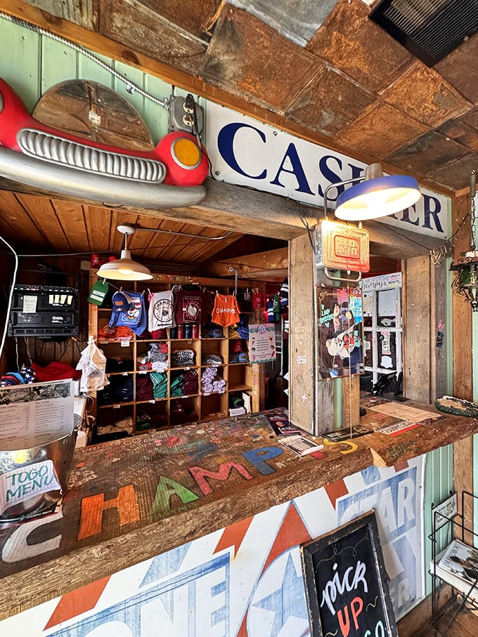 Rustic charm meets Southern hospitality at the cashier station, where vintage signs and memorabilia tell stories without saying a word.
