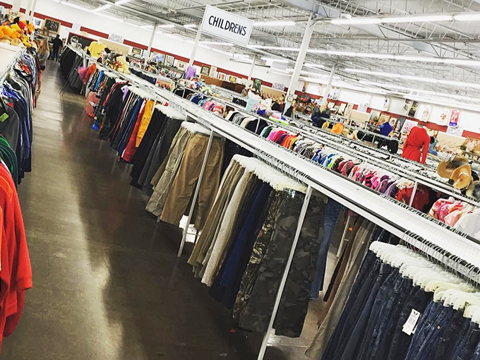 The clothing section: where fashion goes for its encore performance. These racks contain everything from everyday basics to once-worn wedding attire.