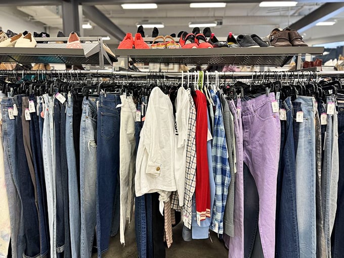 Denim heaven awaits with rows of jeans in every wash and size—the thrifter's equivalent of striking oil.