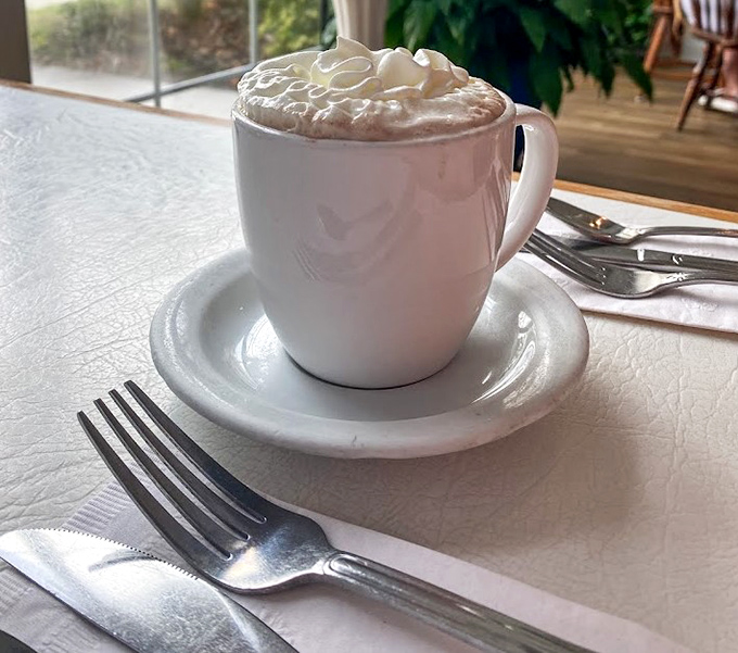 Hot coffee crowned with whipped cream—the breakfast equivalent of putting on a tuxedo just to eat cereal.