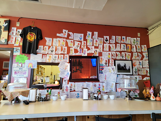The wall of children's drawings tells the real story—this place has fed generations and inspired countless crayon masterpieces.