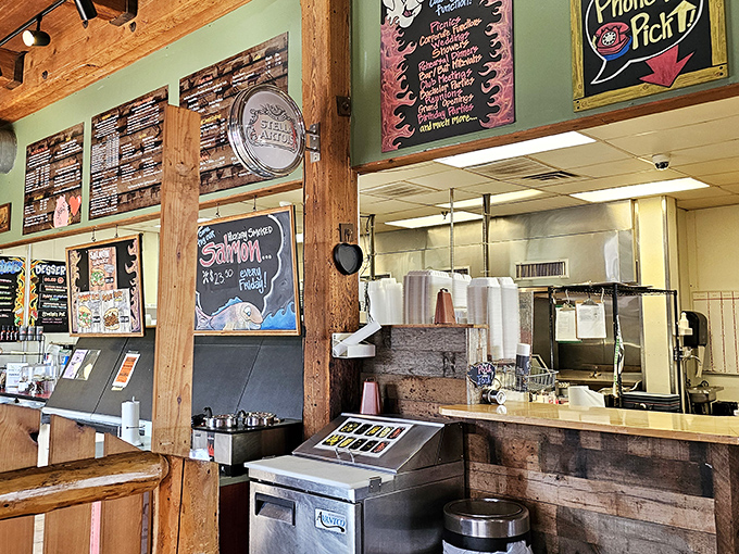 Where BBQ magic happens—the ordering counter showcases menus with enough options to require multiple visits for proper research.