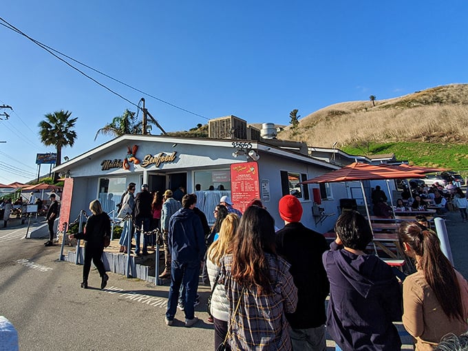 The line outside speaks volumes – people willing to wait in California sunshine for seafood this good. Some things are worth the patience.