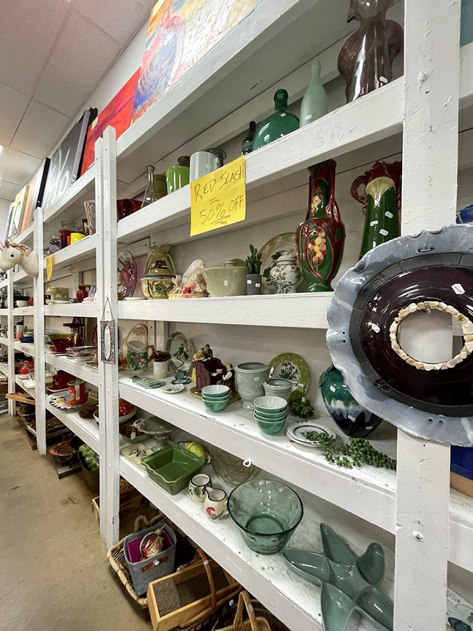 Shelves of possibility where yesterday's knickknacks become tomorrow's treasured heirlooms. That blue dish is calling your name.
