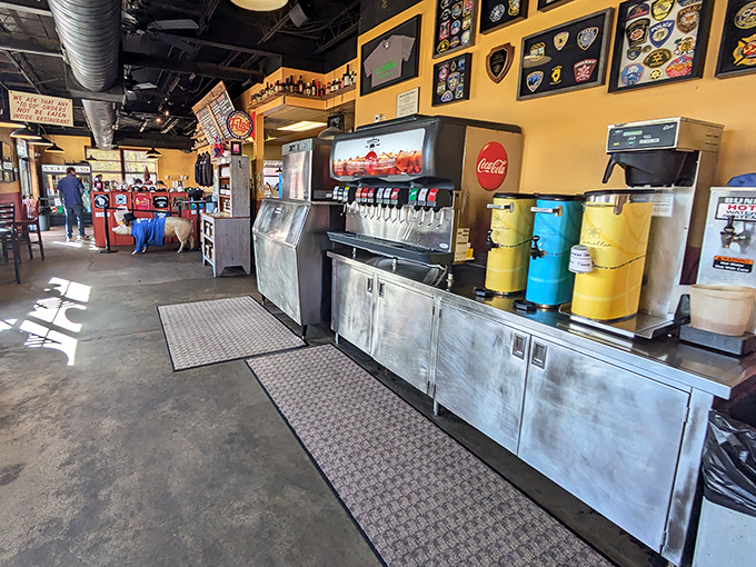 The drink station—where sweet tea flows like liquid gold and refills are your constitutional right in BBQ country.
