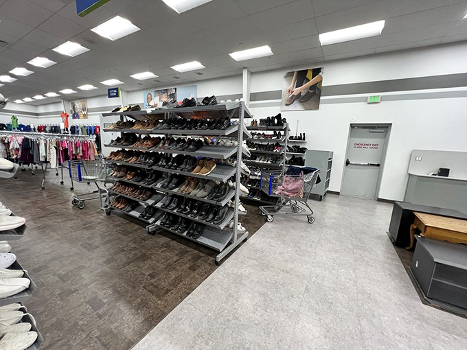 Rows of pre-walked shoes stand ready for new adventures, from barely-worn sneakers to boots with character.