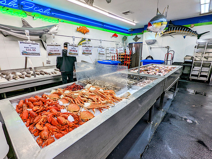 The seafood equivalent of a jewelry display case – lobsters and crabs showcased like rubies and sapphires of the ocean.