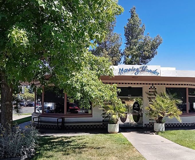 Summer sunshine bathes the café exterior, where the blue Morning Thunder sign promises relief for growling stomachs and caffeine cravings.