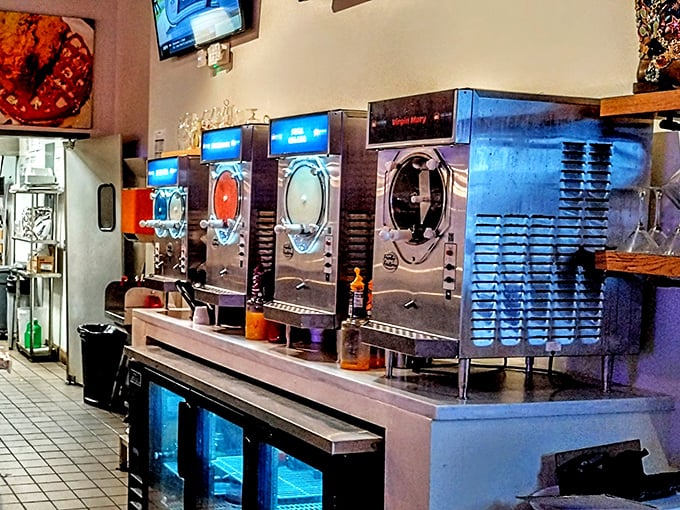 Those frozen drink machines aren't just appliances—they're happiness dispensers, churning out frosty companions for your seafood feast. Mechanical mixologists at work.