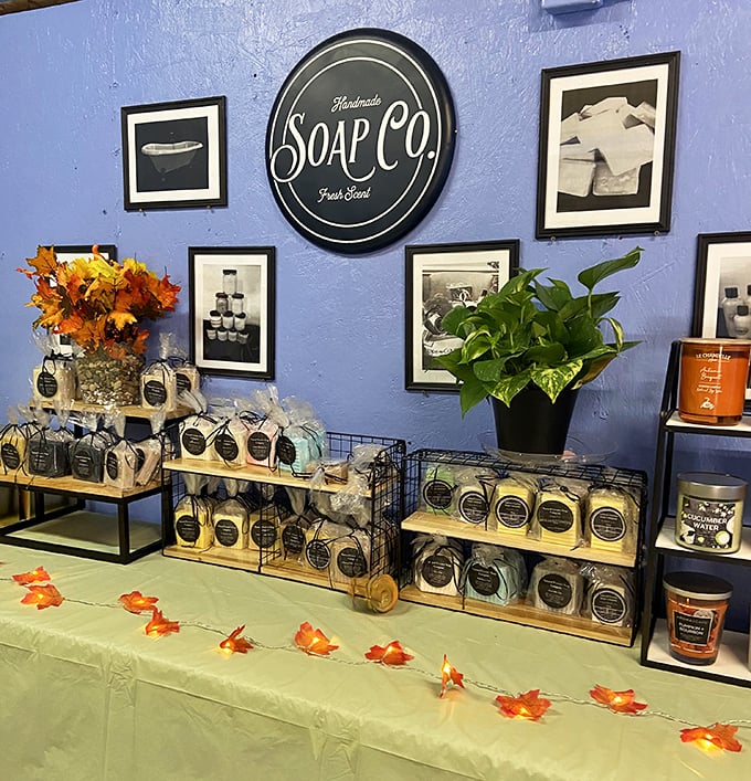 Artisanal soap displays that would make any boutique jealous. The fall-themed presentation proves flea markets aren't just about secondhand finds.