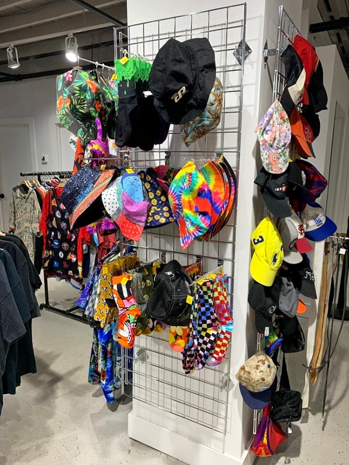 Hat collection spans decades, from fedoras to baseball caps covering every personality type imaginable.