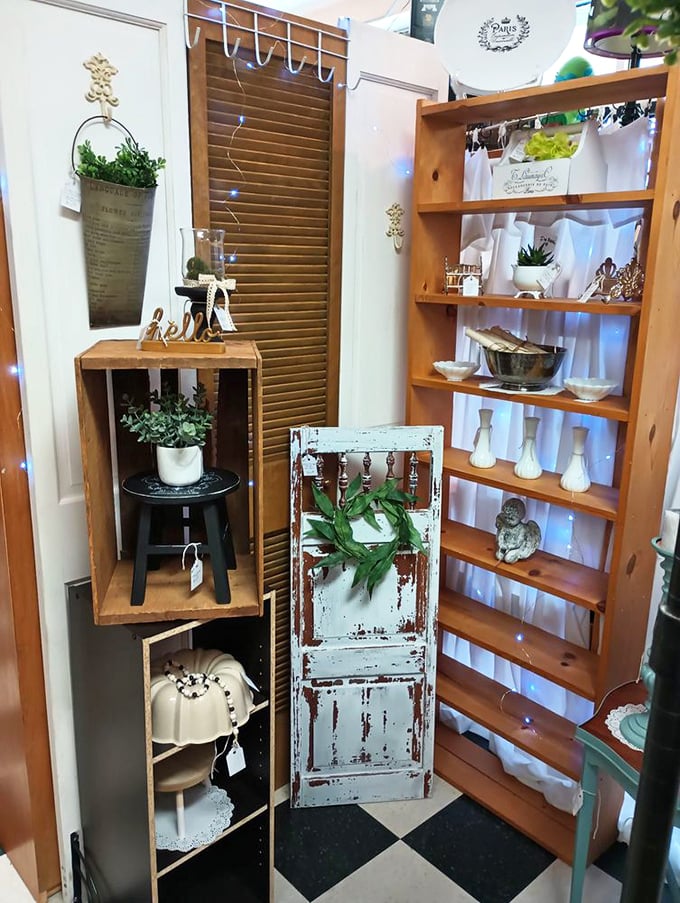 Farmhouse chic before it was trending on Pinterest. These distressed shelves and vintage doors whisper tales of simpler times.