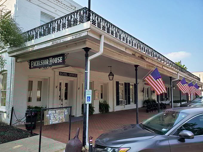 The Excelsior House Hotel has welcomed guests since the 1850s – if these columns could talk, they'd probably ask you to keep it down after 10pm.
