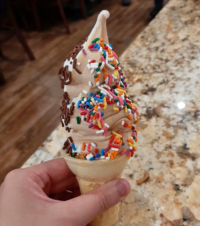 Soft-serve ice cream with sprinkles: proof that some childhood joys never lose their magic, no matter how sophisticated our palates become.