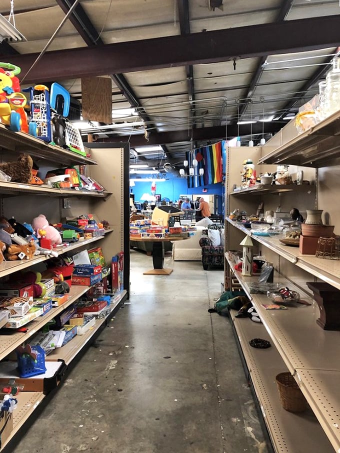 Toy alley beckons the young and young-at-heart. Remember when entertainment didn't require charging cables or software updates?