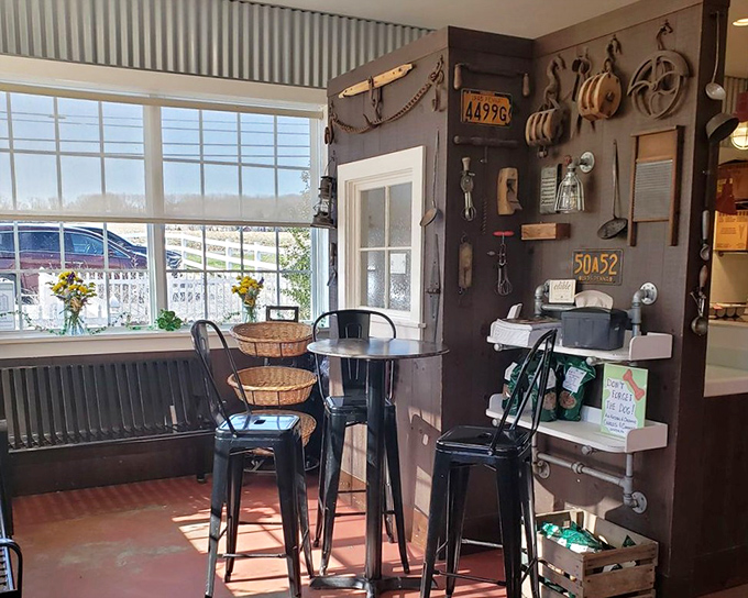 Farm-chic décor featuring vintage tools and license plates creates the perfect backdrop for your "I found paradise" selfie.
