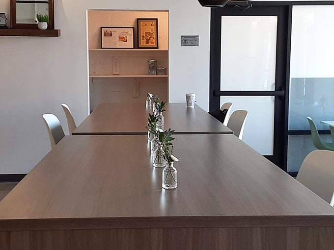 Conference room or communal dining? Either way, those tiny bud vases say, "We care about details," which is exactly what you want in both meetings and meals.