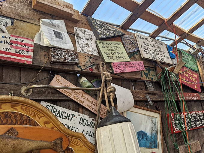 Every inch tells a story. The walls aren't just structural—they're a community bulletin board, art gallery, and philosophical treatise all in one.