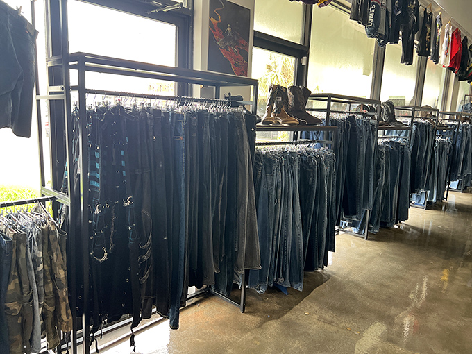 Denim for days—organized by size rather than scattered in chaotic piles. Finding your perfect pair here is less archaeological dig, more pleasant shopping experience.