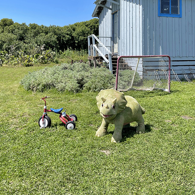 A prehistoric guardian watches over a forgotten tricycle. Childhood imagination finds plenty of playmates at this family-friendly farm.