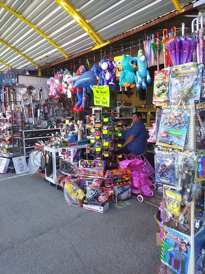 Stuffed animals dangle like colorful fruit from this toy vendor's ceiling. Remember when happiness cost exactly what was in your piggy bank?