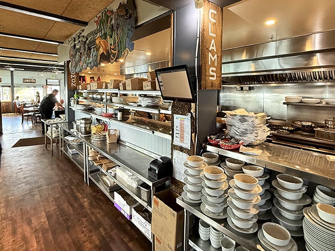 Where the magic happens—Sam's bustling kitchen with stacks of bowls ready for the next round of their famous chowder.