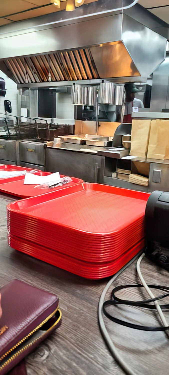 Behind the scenes, where the magic happens. Those red trays are about to carry happiness to hungry patrons.