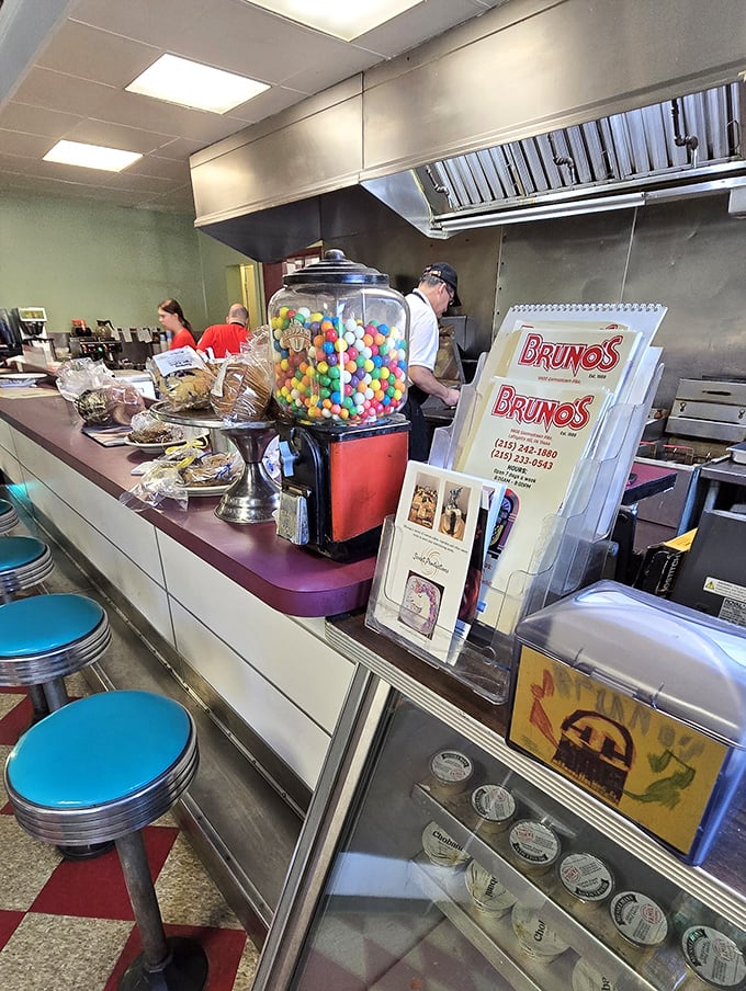 Where the magic happens – Bruno's kitchen counter offers a front-row seat to breakfast theater, complete with a gumball machine for dessert.