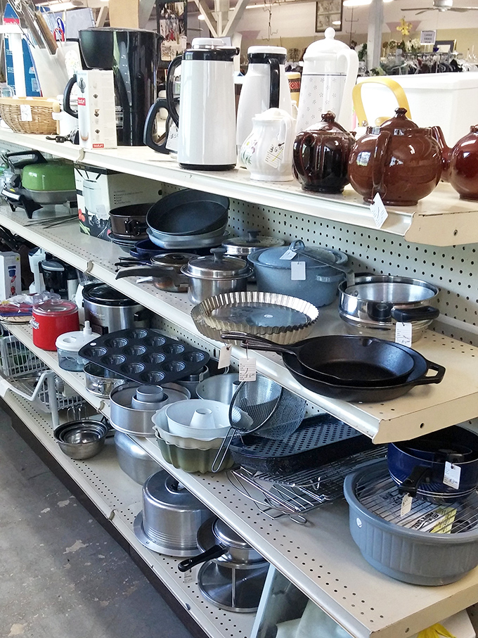 Cook's corner that would make Julia Child swoon. Cast iron, bakeware, and coffee pots galore—each item seasoned with history and priced for everyday budgets.