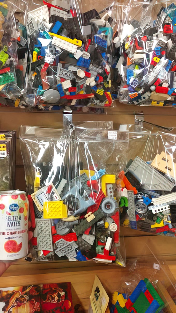 Lego blocks in clear bags—architectural dreams sold by the pound, proving creativity doesn't need instructions or matching pieces.