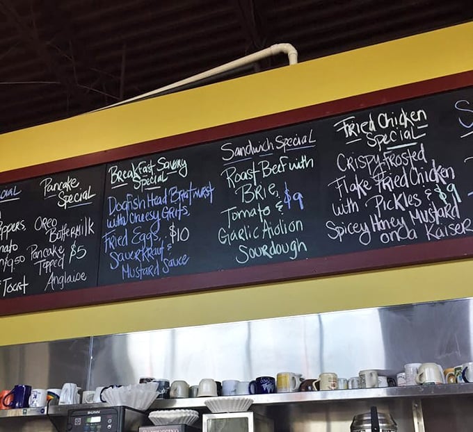 The specials board—a daily love letter to breakfast enthusiasts. Those blue chalk specials might just be the highlight of your morning.