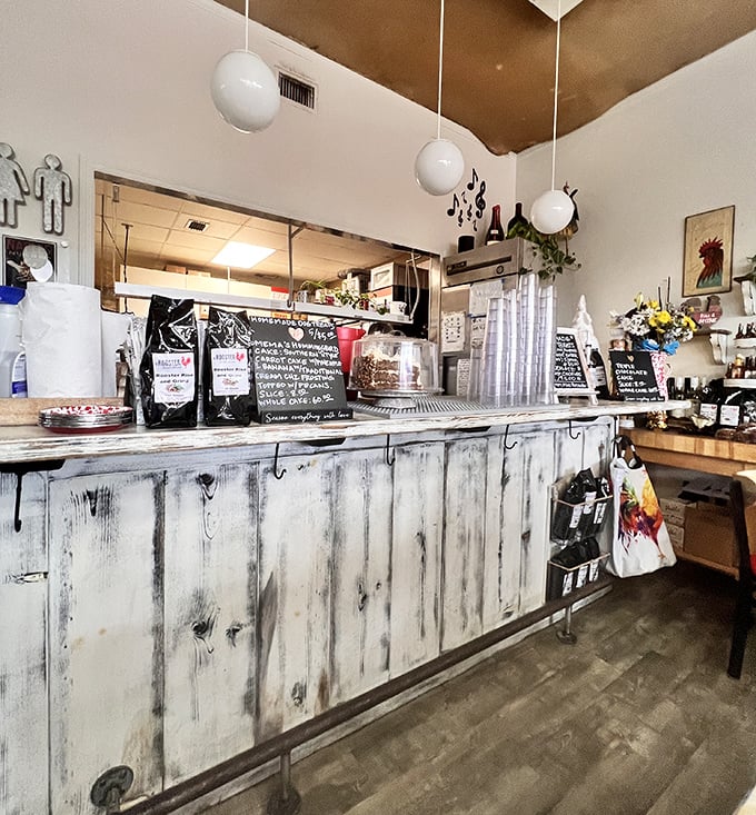 The weathered wood counter gives off farmhouse chic vibes, proving that breakfast tastes better when served with a side of rustic charm.