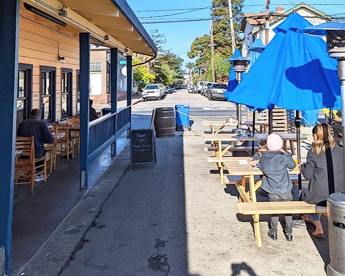 The outdoor seating area – where Santa Cruz locals debate surf conditions while demolishing plates of breakfast perfection.