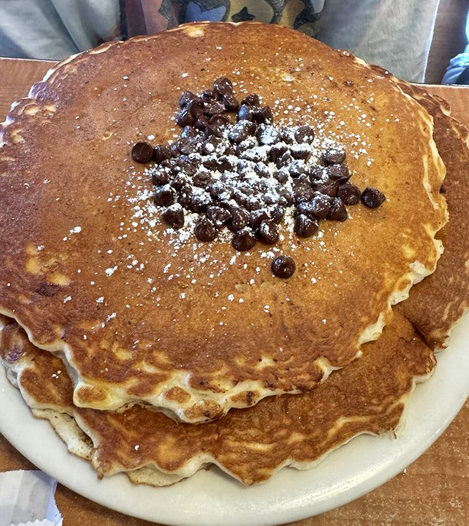 A pancake so massive it deserves its own zip code. Those chocolate chips aren't toppings—they're residents of Pancake City.