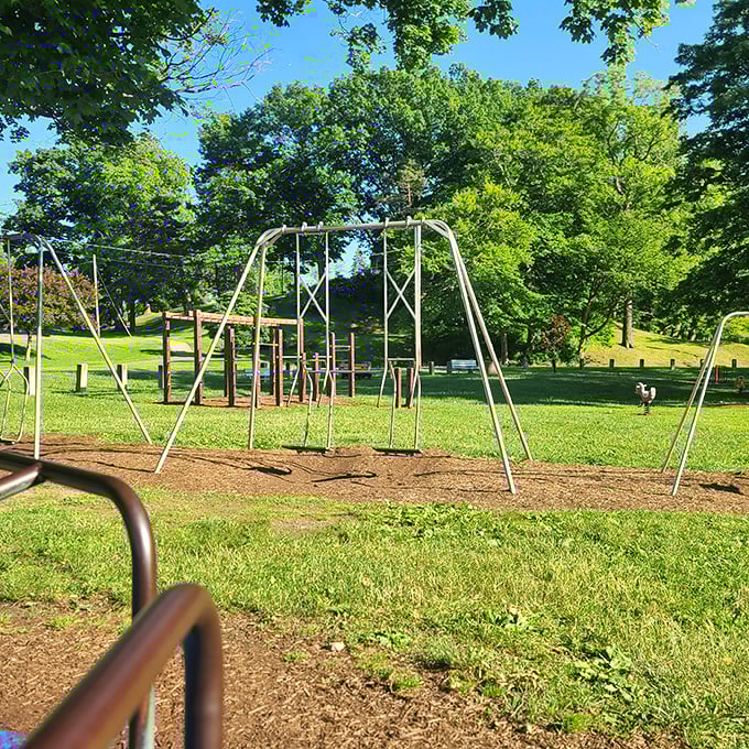 Old-school playground equipment that has launched generations of childhood adventures. Sometimes the simplest structures create the most imaginative play.