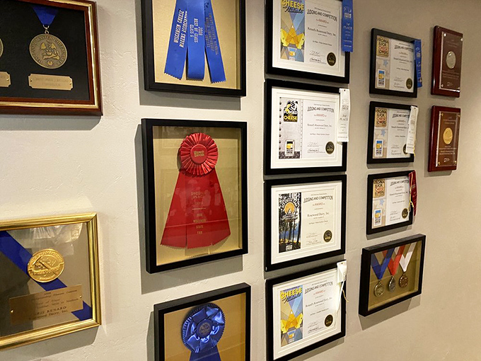 Wall of fame, hall of flavor. These awards aren't just decoration—they're testament to decades of cheese-making excellence. 