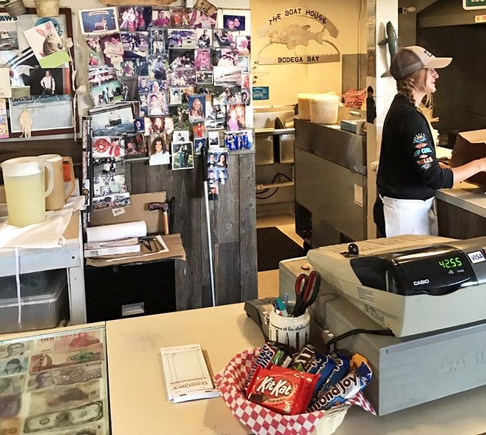 The register area doubles as a community bulletin board—a analog Facebook wall chronicling local life through decades of snapshots.