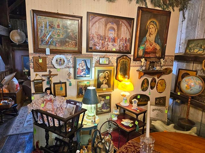 Religious art and artifacts create a reverent corner where sacred items from many homes find new purpose together.