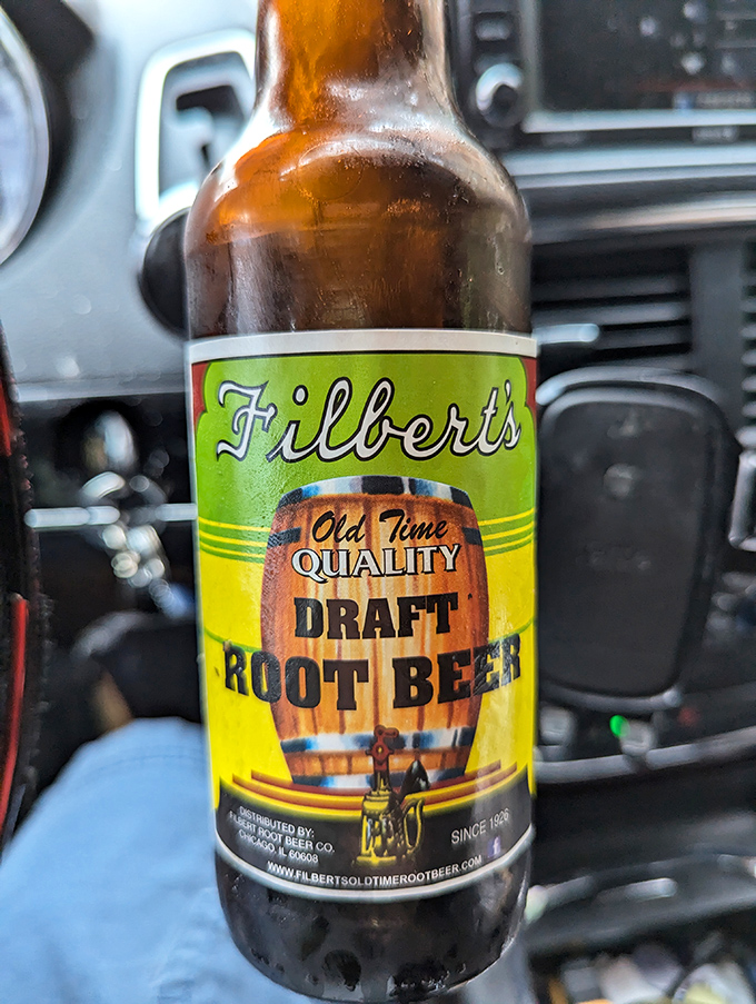 A bottle of Filbert's root beer—the local elixir that cuts through the richness of beef and completes the authentic Chicago experience.
