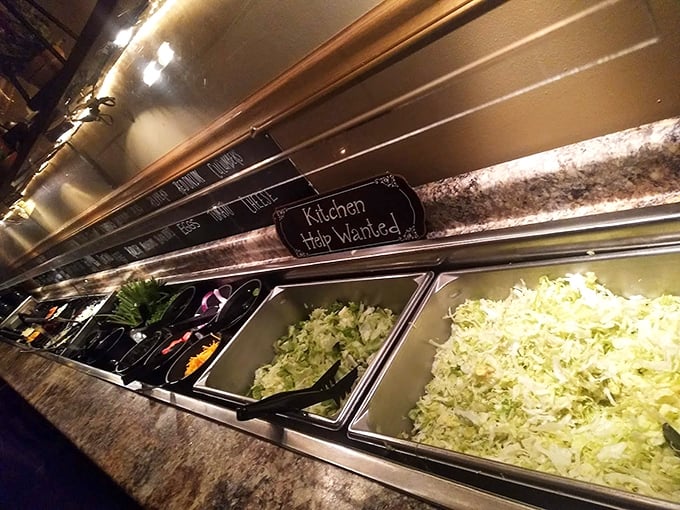 The salad bar—where "I'll just have a little salad" becomes Wisconsin's most charming lie, especially with that sign announcing "Help Wanted."