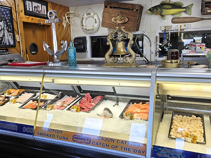 The seafood counter—where decisions are harder than choosing your favorite child. Fresh catches displayed with the reverence of crown jewels.