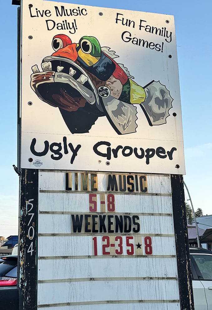 The sign doesn't just advertise—it promises good times with its bold proclamation of "Live Music Daily!" and "Fun Family Games!"