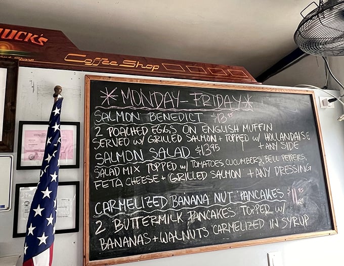 The daily specials board featuring Caramelized Banana Nut Pancakes. Some people plan their week around these announcements.