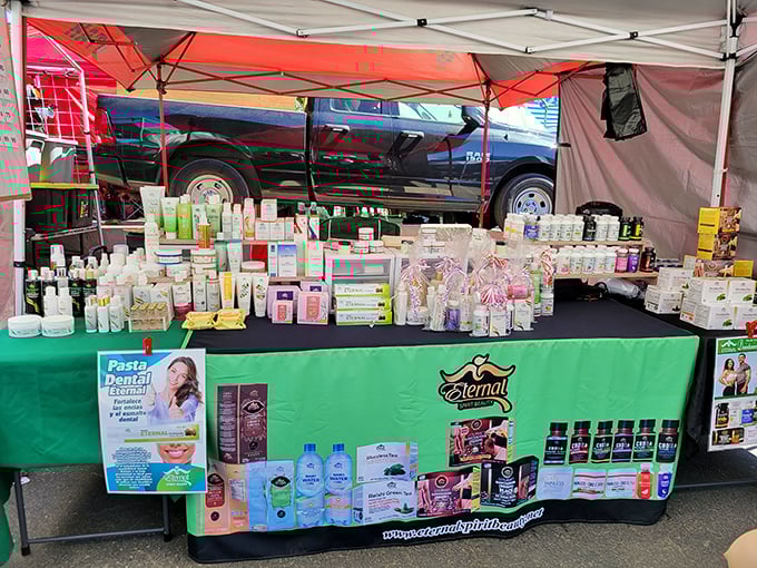 The wellness section offers everything from toothpaste to mystery potions. Self-care comes in many bottles at the swap meet.