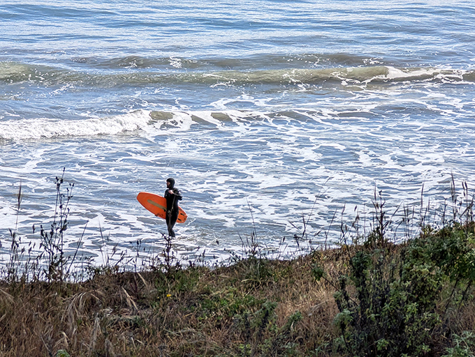 A lone surfer contemplates the perfect wave, carrying on the sacred California tradition of communing with the ocean.
