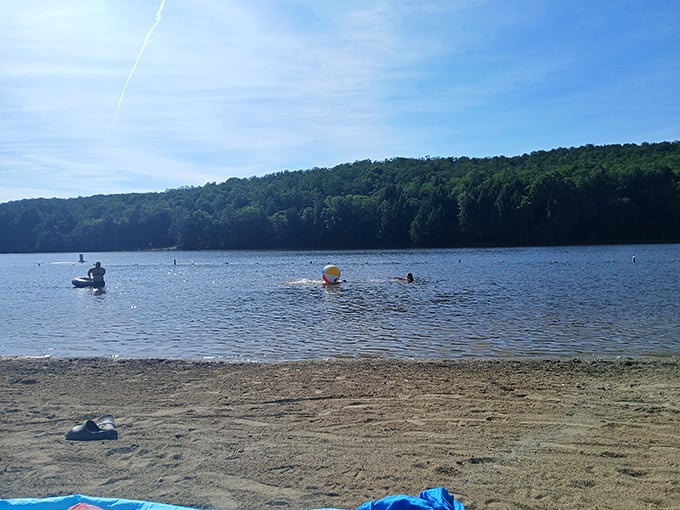 The beach at Chapman Lake offers what every Pennsylvania summer day needs: cool waters, sandy shores, and the distant echo of someone yelling "Marco!"