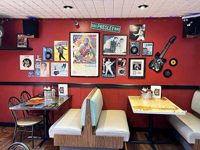 Elvis memorabilia watches over diners like a benevolent barbecue guardian, ensuring every meal comes with a side of nostalgia.