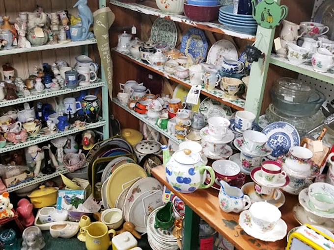Tea party heaven—shelves groan under the weight of enough cups, saucers, and pots to serve the entire Downton Abbey cast.