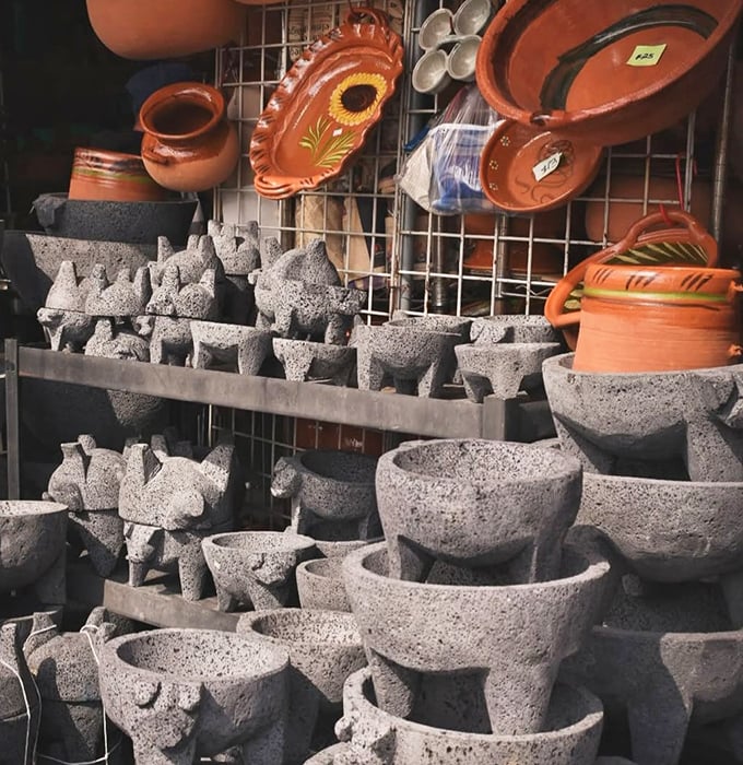 Traditional molcajetes and clay cookware—kitchen tools that have outlasted every trendy gadget from late-night infomercials.